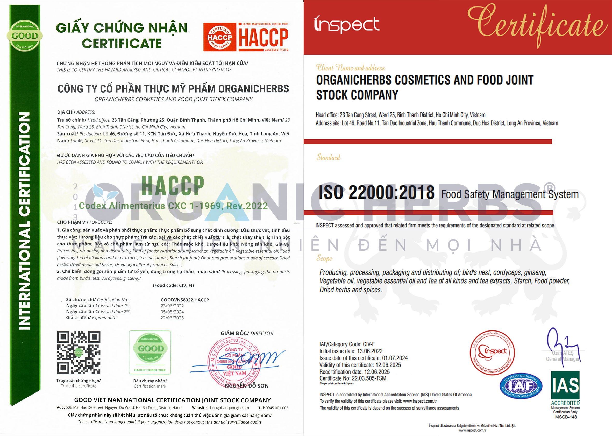 CHỨNG NHẬN CÔNG TY CP SX - XNK ORGANIC HERBS GROUP